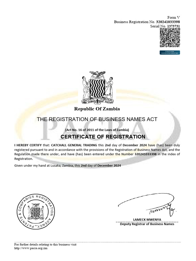 Business Registration Certificate Zambia | PDF | Common Law | Justice