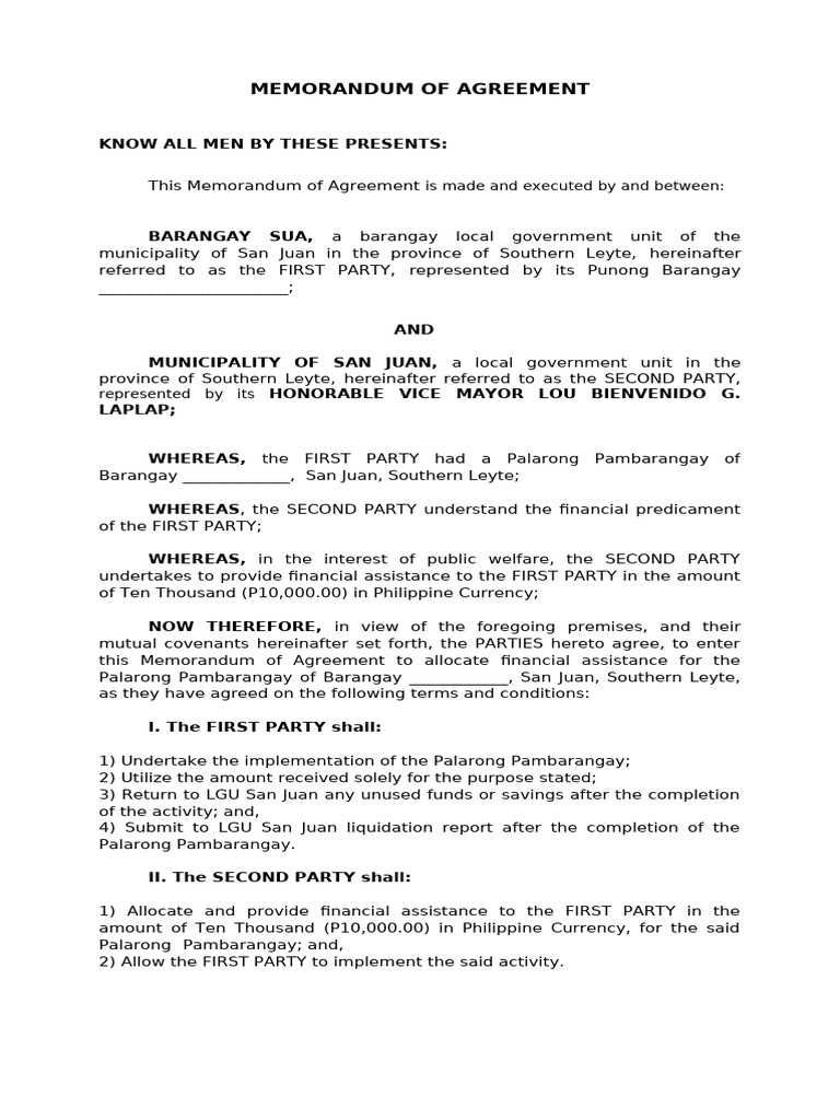 Financial Aid Agreement for Palarong Pambarangay | PDF | Government ...