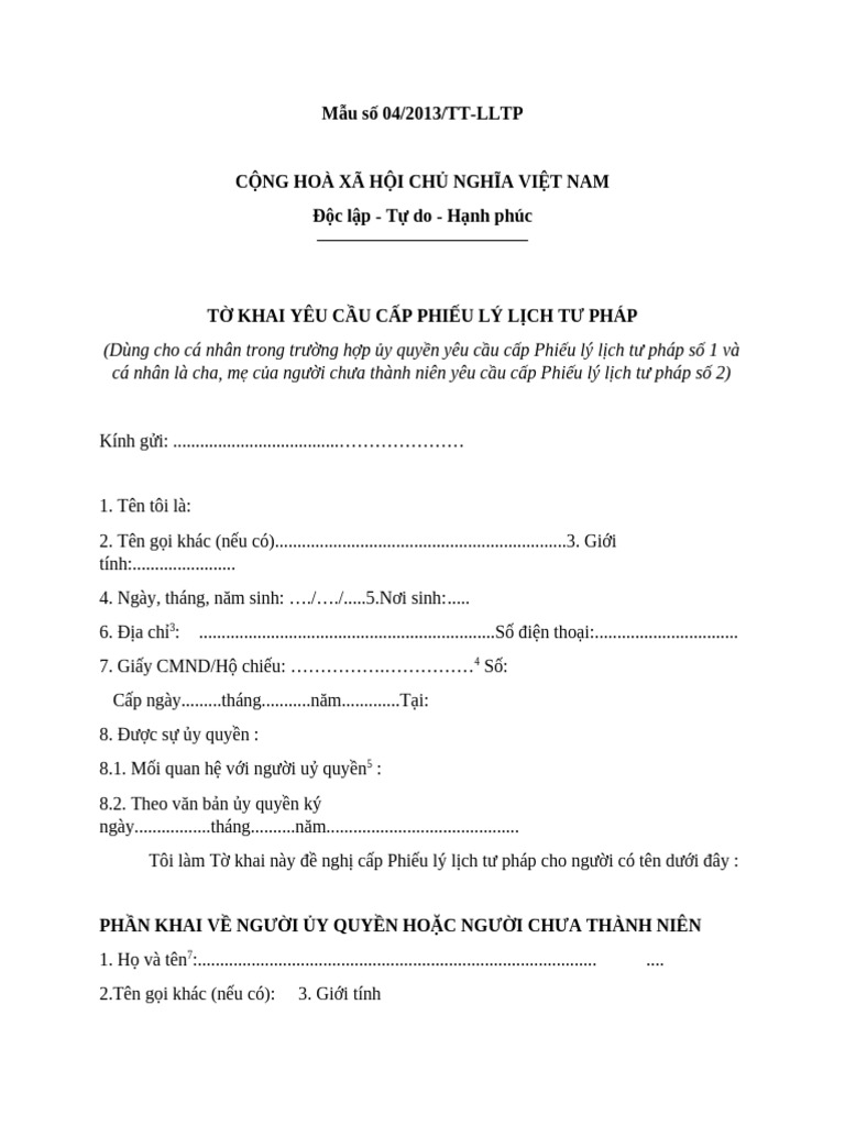 Mau To Khai Yeu Cau Cap Phieu Ly Lich Tu Phap Mau So 04 2013 TT LLTP | PDF