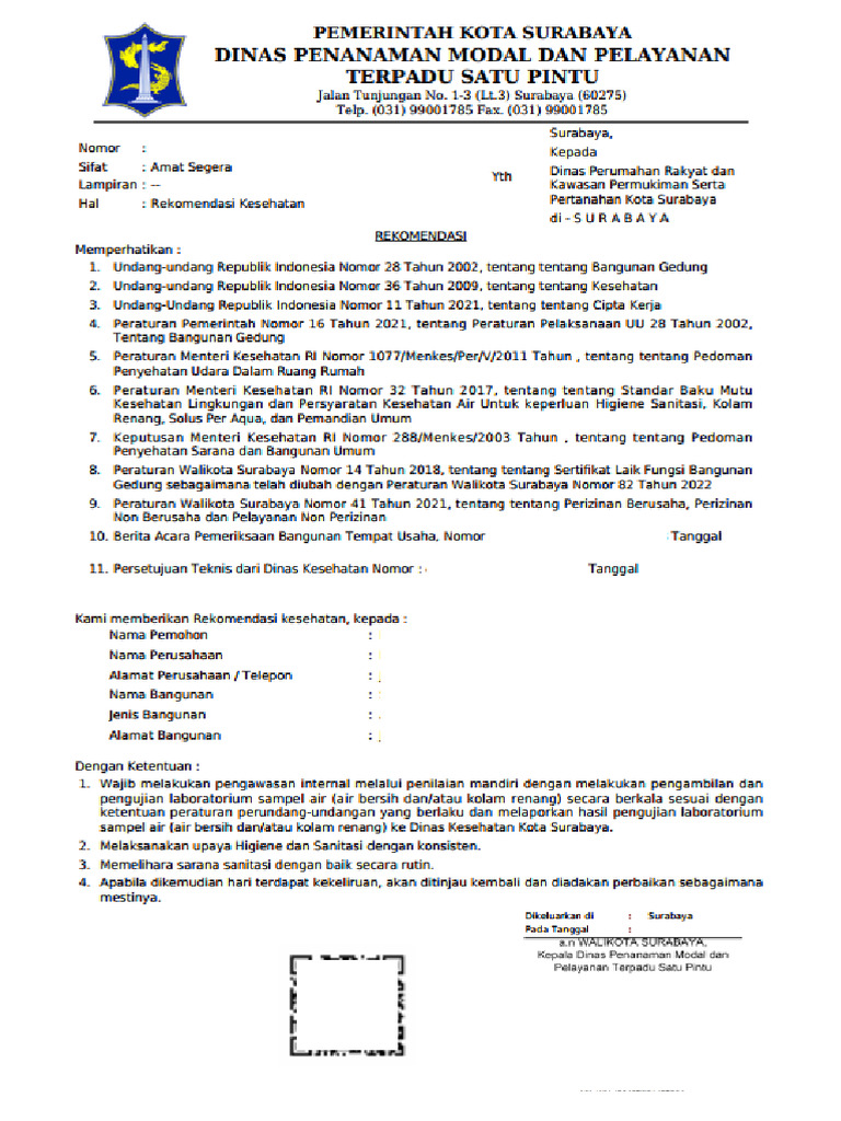 Contoh Rekomendasi SLF Dari Dinkes | PDF
