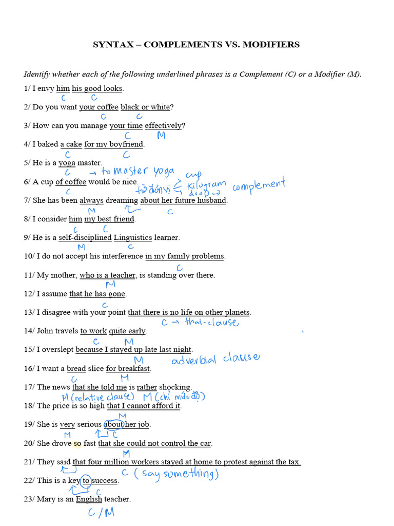 Handout - Complements Vs Modifiers | PDF
