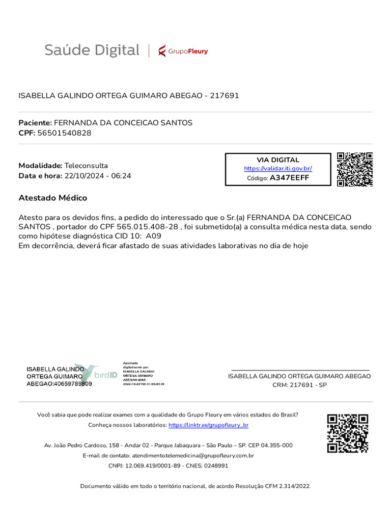 Atestado Médico Digital CID A09 | PDF
