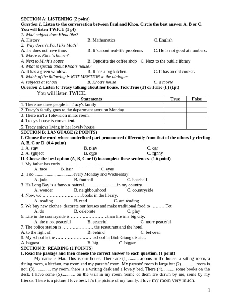 Đề KT HK1 TA 6 - PGD NINH GIANG | PDF