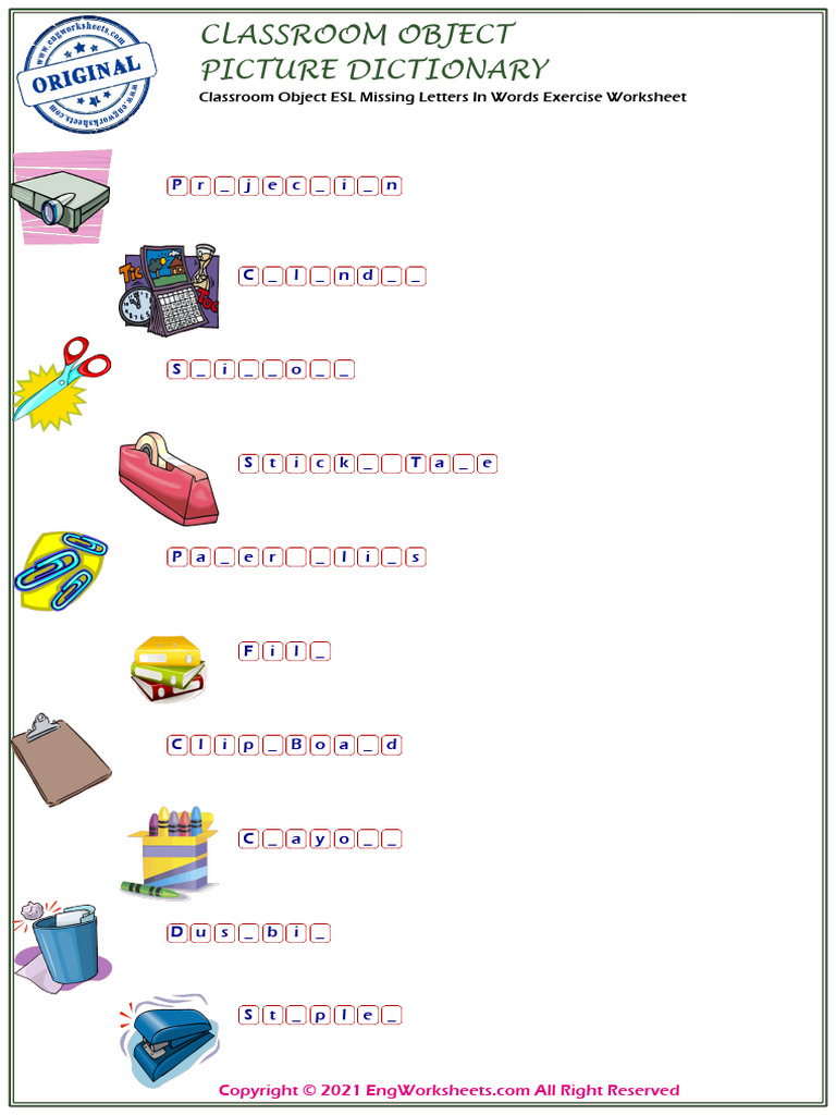 Classroom Object Esl Missing Letters in Words Exercise Worksheet 3903 | PDF