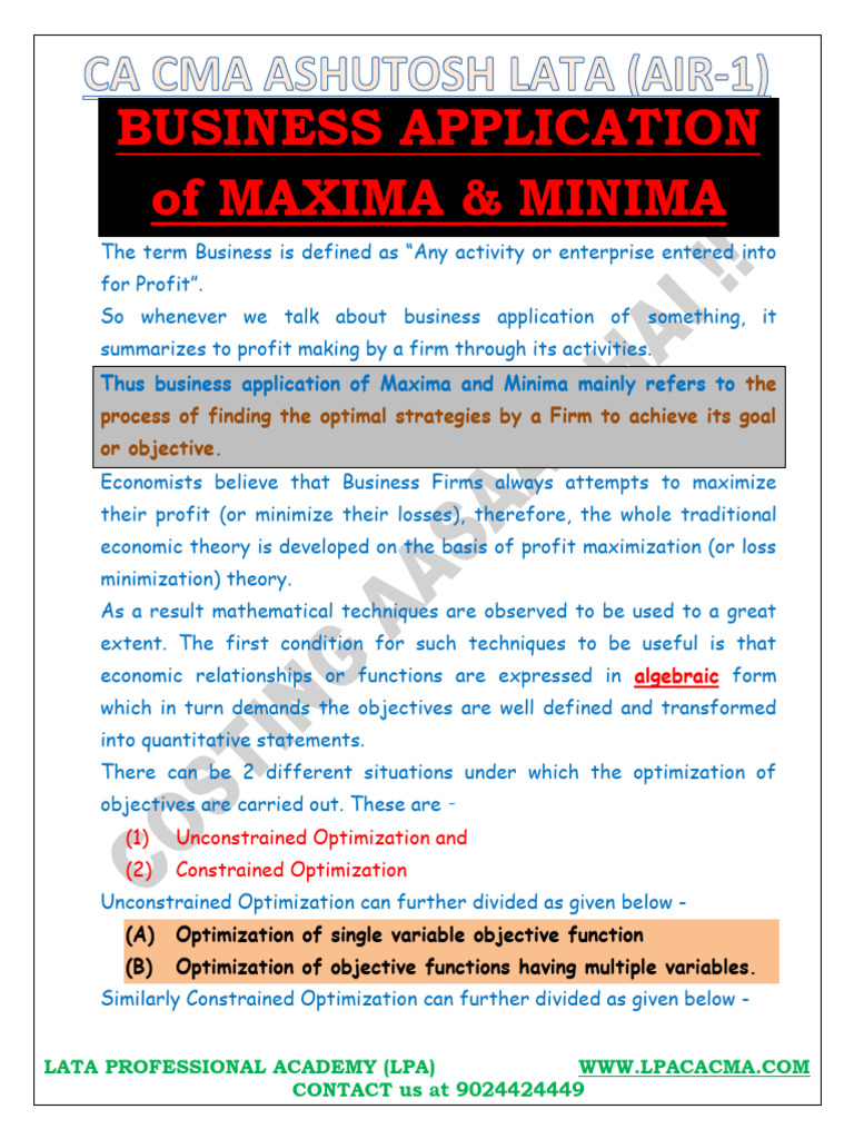 MAXIMA & MINIMA by CA CMA ASHUTOSH LATA SIR | PDF | Mathematical Optimization | Derivative