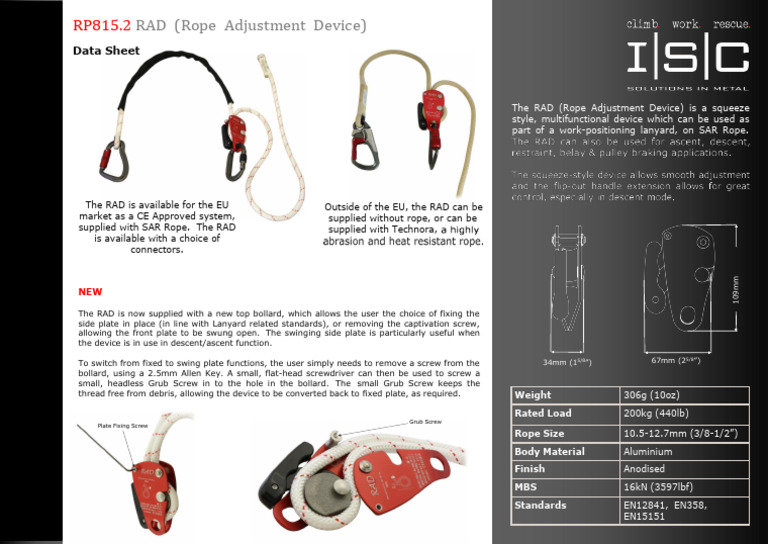 RAD Rope Adjustment Device Data Sheet | PDF | Screw | Manufactured Goods