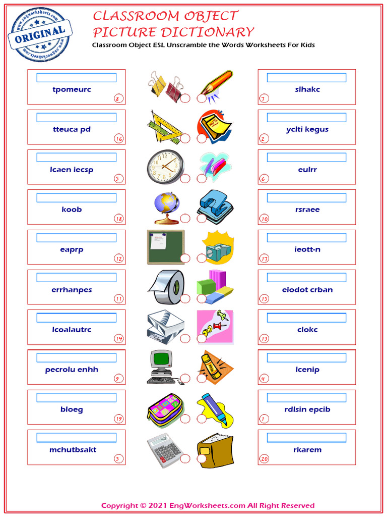 Classroom Object Esl Unscramble The Words Worksheets For Kids 8024 ...