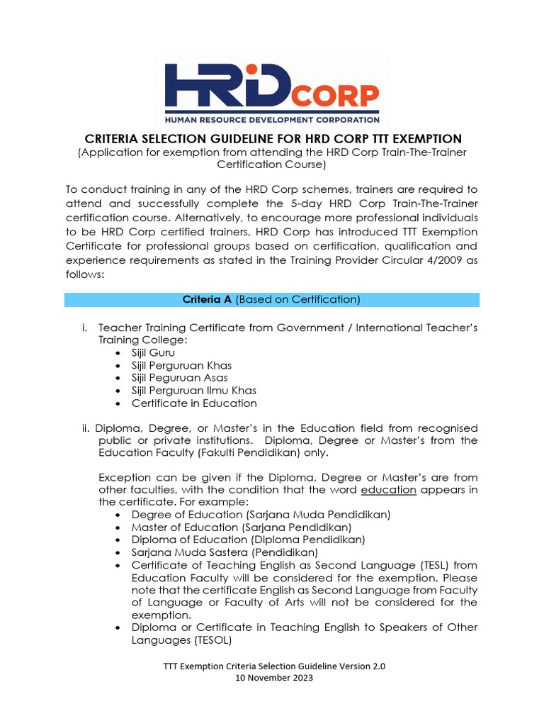 Criteria Selection Guideline For HRD Corp TTT Exemption - v2 - 112023 | PDF | Vocational ...