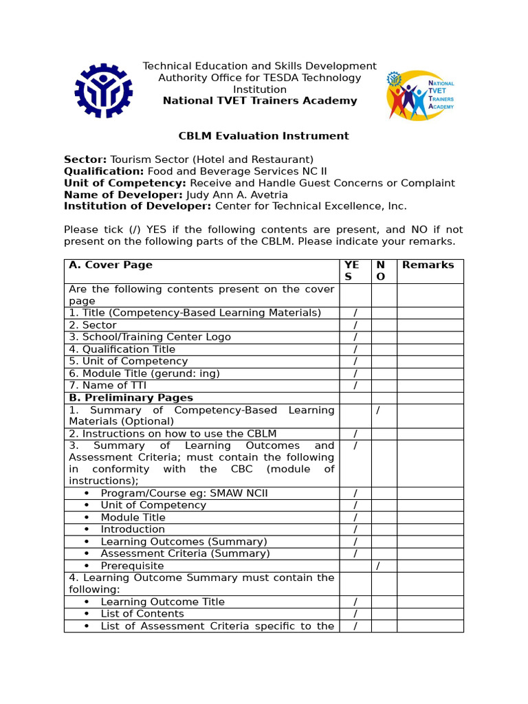 CBLM Evaluation Checklist | PDF