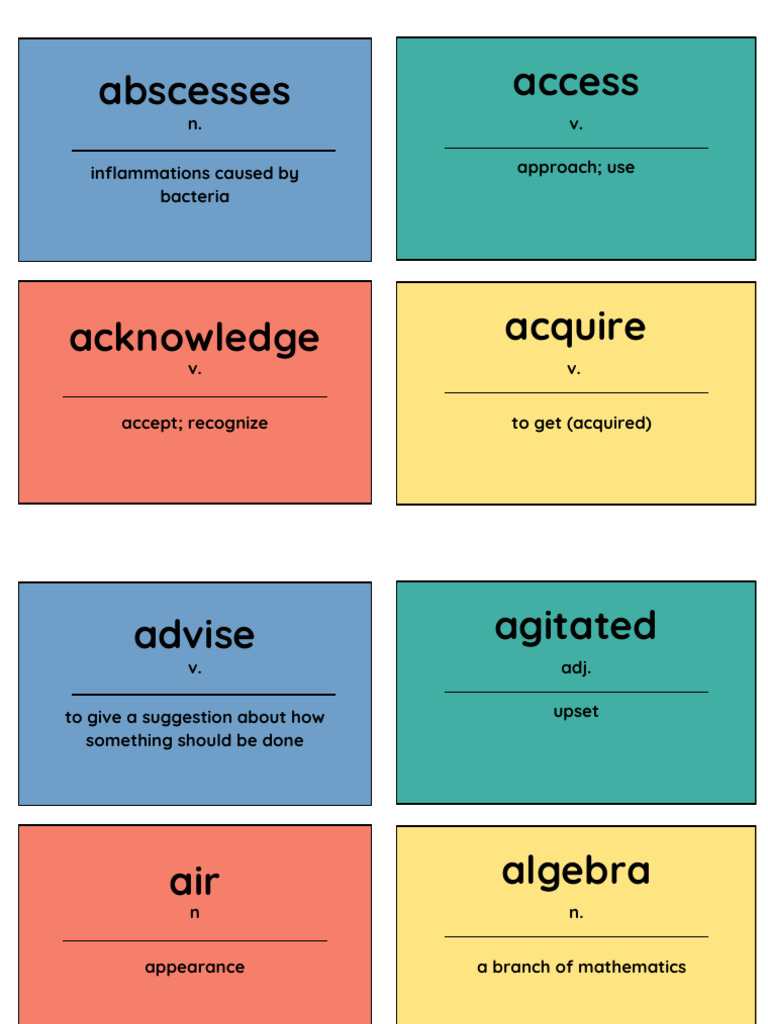 Academic Vocabulary Definitions English Flashcards Colourful Bold Boxes ...