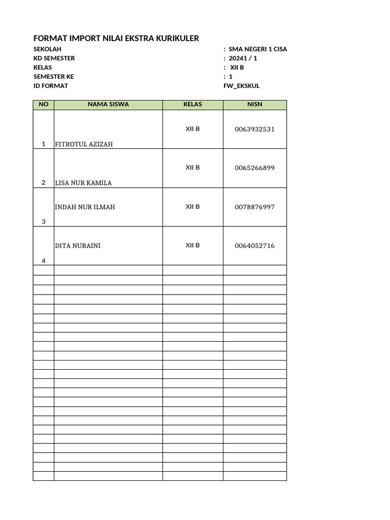 FORMAT Nilai Ekskul - IRMA | PDF