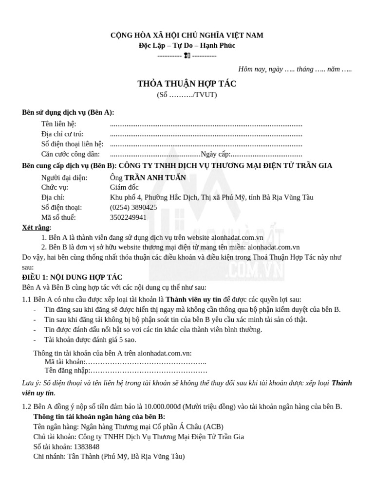 Thoa Thuan Hop Tac - Tvut | PDF