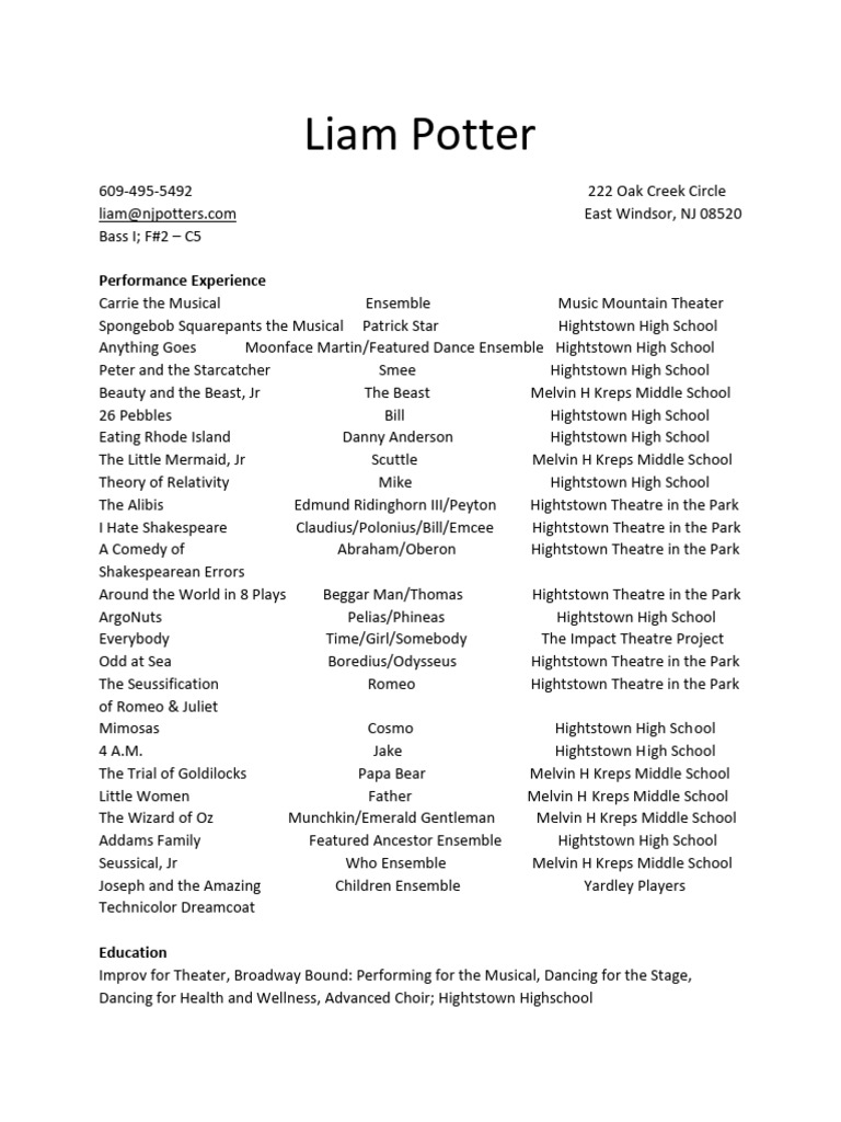 Liam Potter Audition Resume (1) | PDF | Theatre | Performing Arts