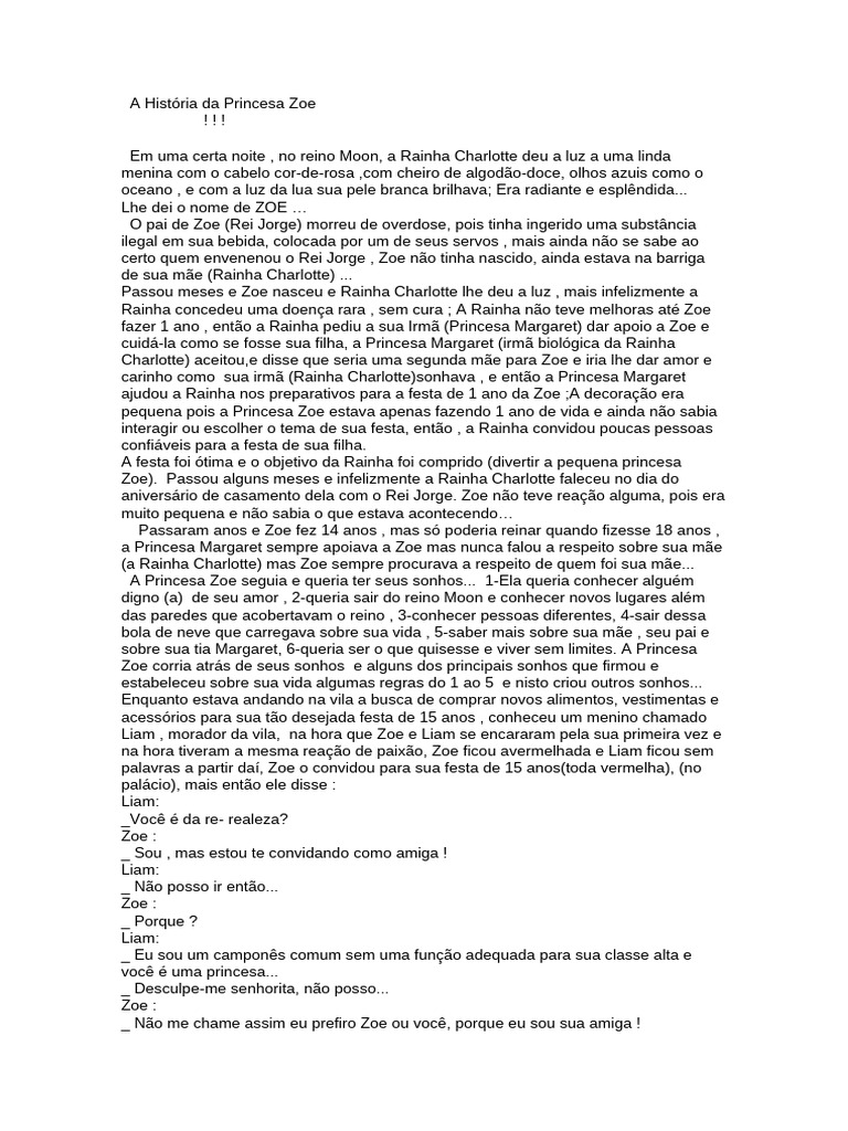 A História Da Princesa Zoe - Docx Yanne | PDF | Amor