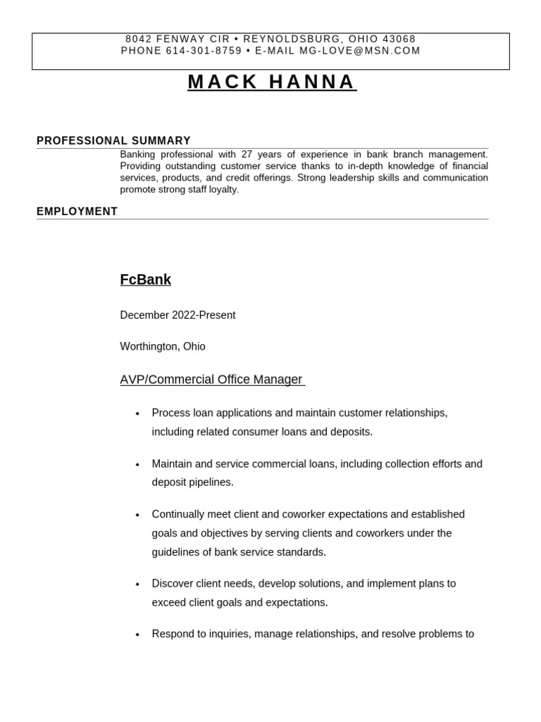 Mack Hanna CV 2023 | PDF | Loans | Banks
