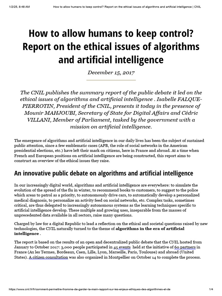 AI Ethical Issues From France - How To Allow Humans To Keep Control - Report On The Ethical ...