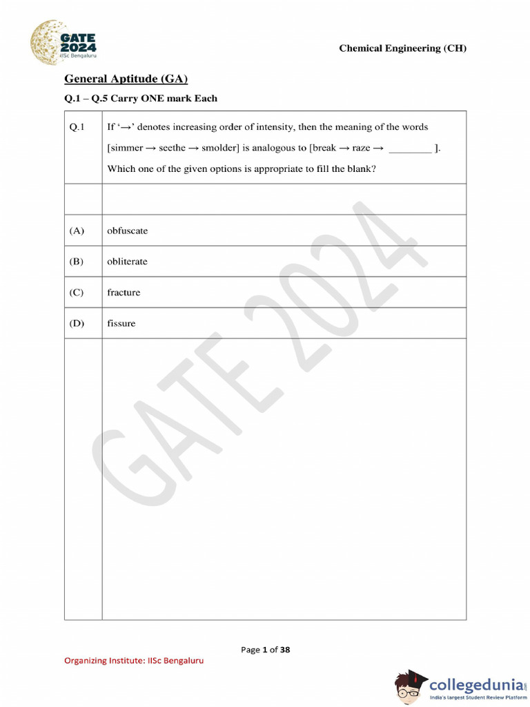 GATE 2024 Chemical Engineering Question Paper | PDF