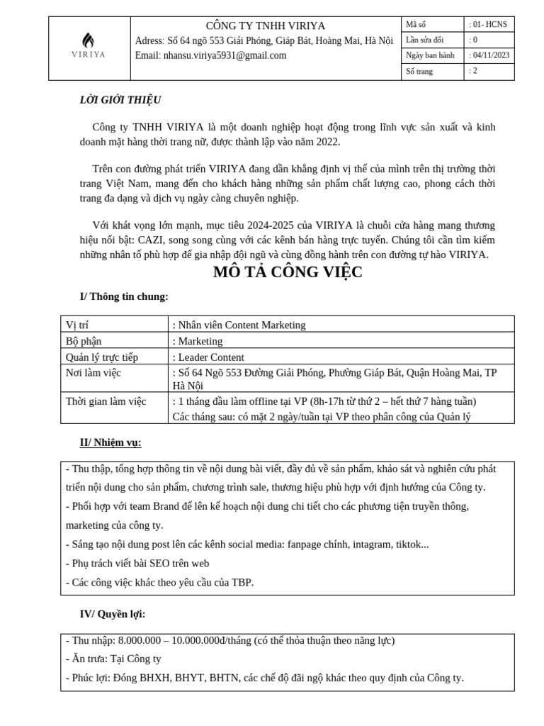 JD Nhân Viên Content Marketing - Hybrid | PDF