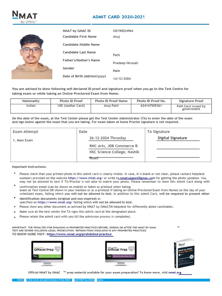 NMAT Exam Admit Card Instructions | PDF | Government And Personhood | Applications Of Cryptography