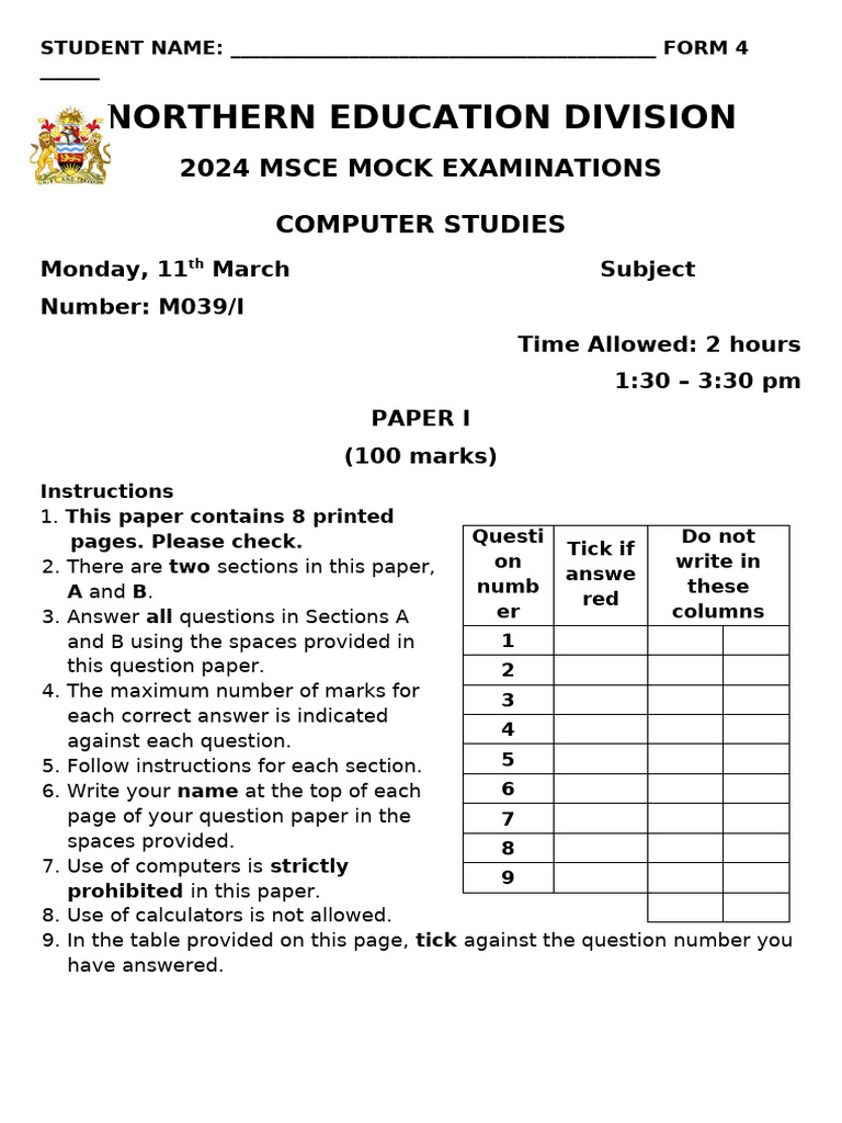 2024 COMPUTER STUDIES NED MOCK PI Final | PDF | Databases | Computing