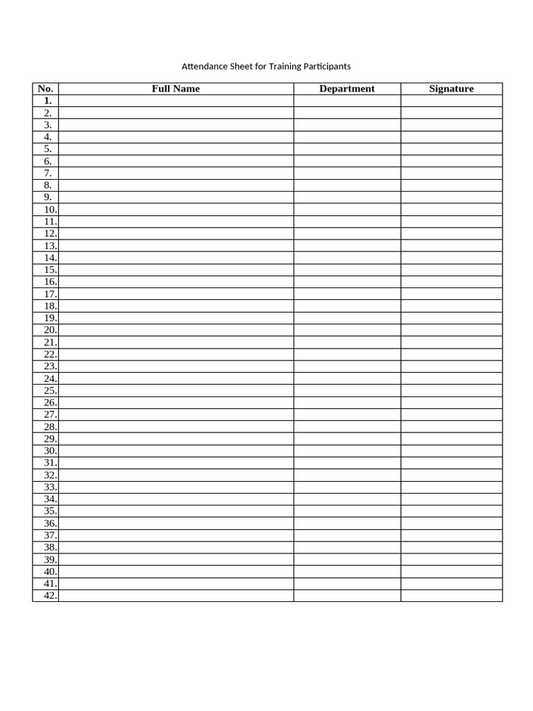 Attendance Sheet For Training Participants | PDF