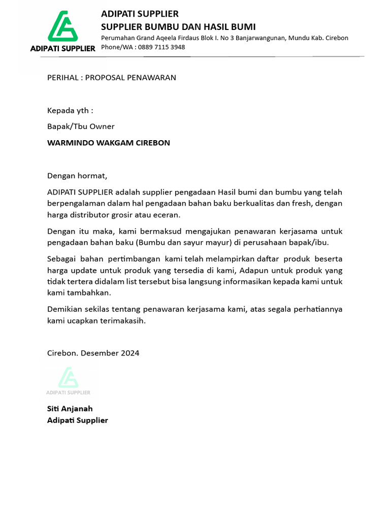 Proposal Kerjasama Supplier Sayuran | PDF