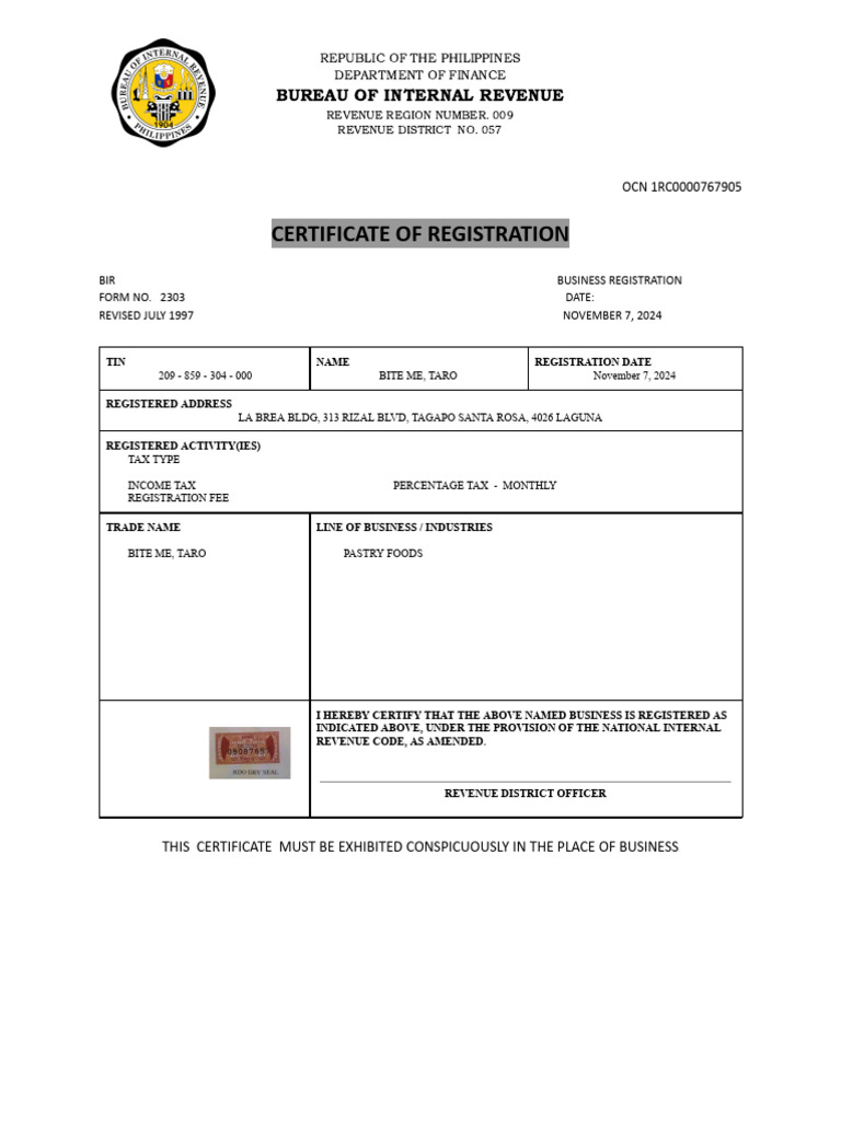 BIR Certificate of Registration for Business | PDF
