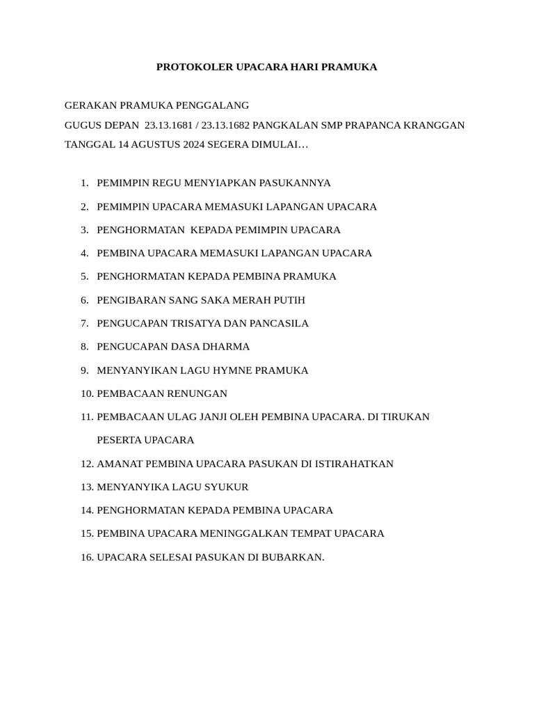 Protokoler Upacara Hari Pramuka 2024 | PDF