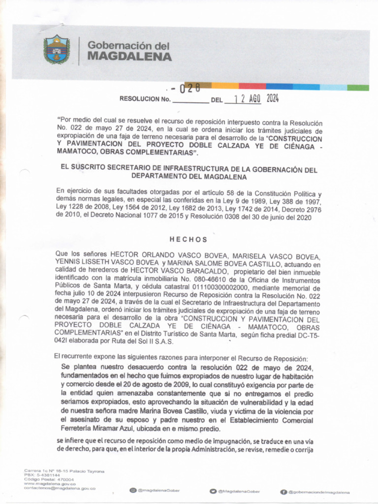 RESOLUCION No 028 DEL 2024 MEDIANTE EL CUAL SE RESUELVE EL RECURSO DE REPOSICION DEL SEÑOR ...