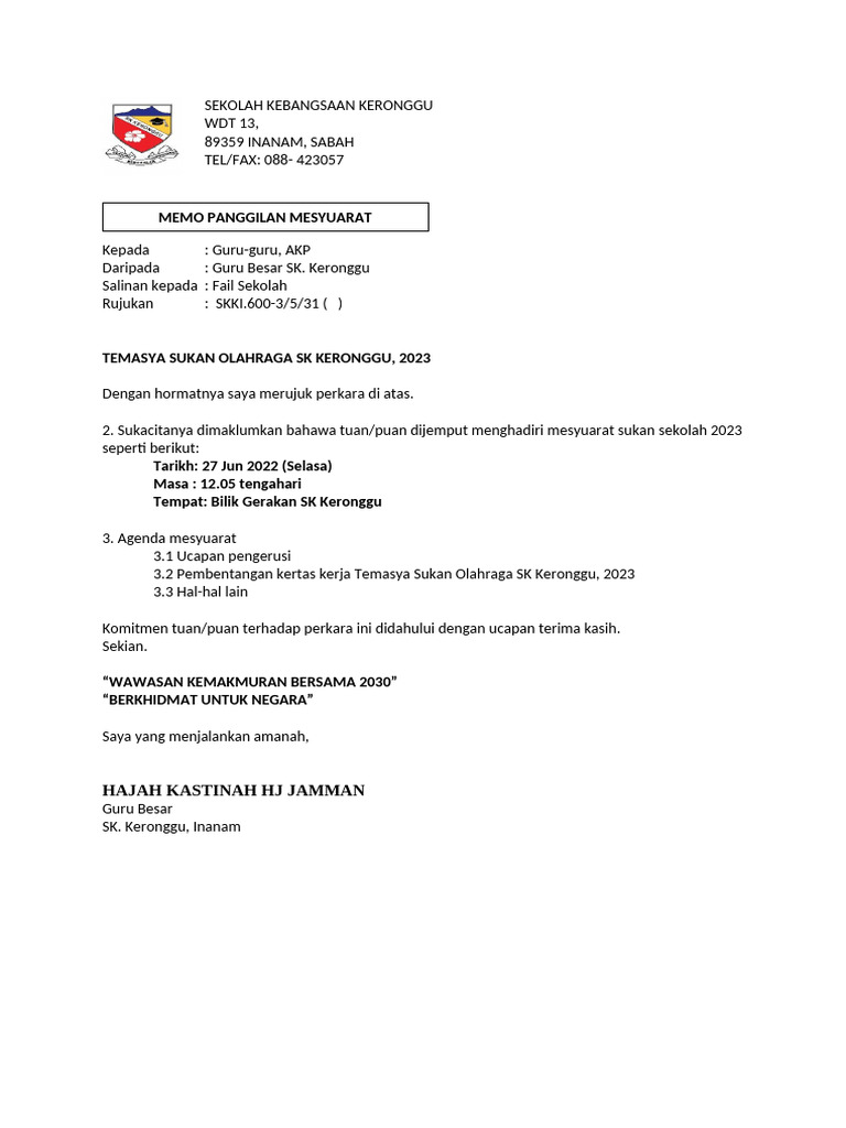 Memo Panggilan Mesyuarat TEMASYA SUKAN OLAHRAGA | PDF