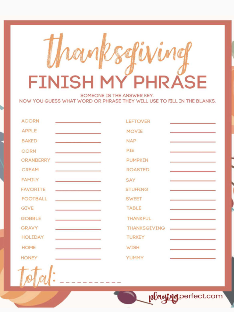 Thanksgiving Game Free Printable Finish My Phrase - Playing Perfect | PDF