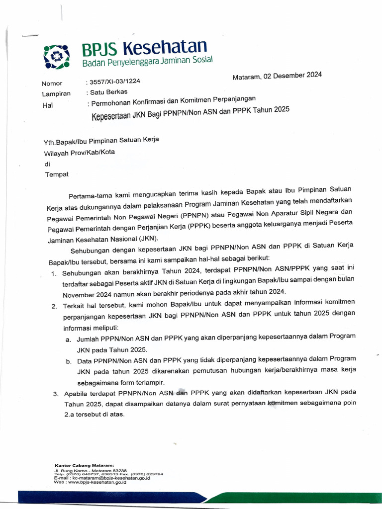 Permohonan Konfirmasi Dan Komitmen Perpanjangan Kepesertaan JKN Bagi PPNPN Atau NON ASN Dan PPPK ...