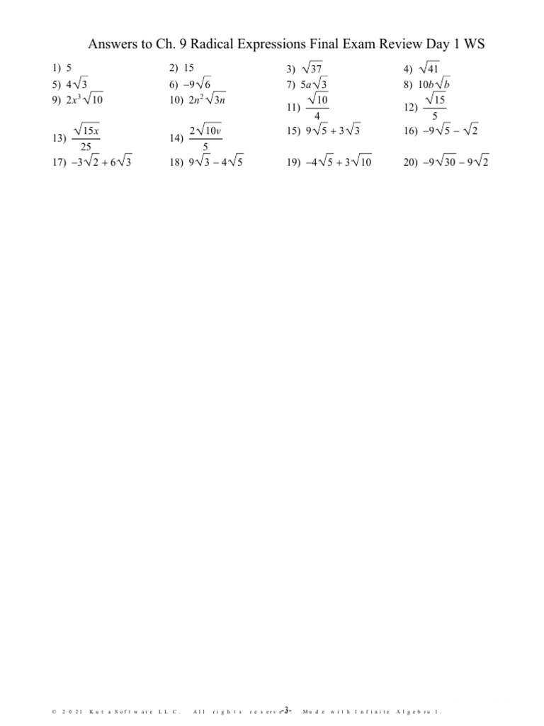 Ch. 9 Radical Expressions Final Exam Review Day 1 WS Answers | PDF