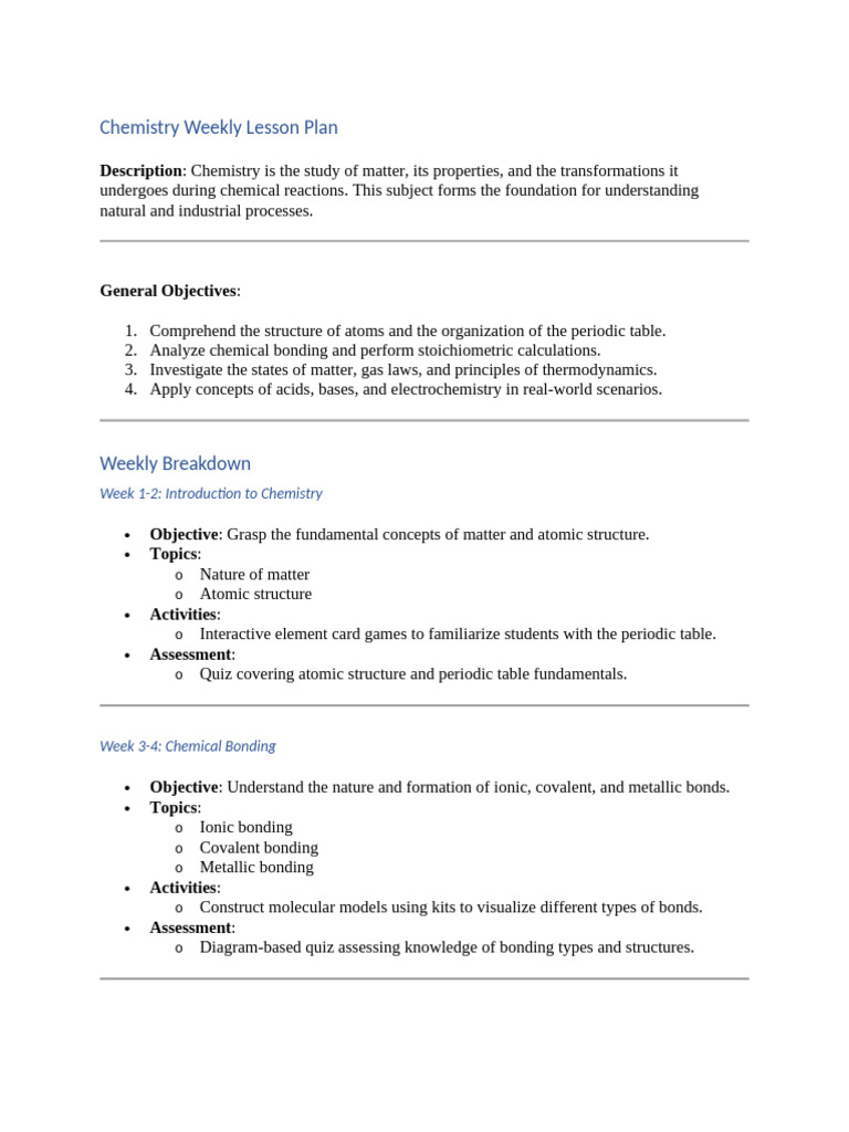 Chemistry Weekly Lesson Plan | PDF | Chemistry | Chemical Bond