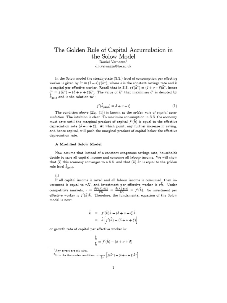 The Golden Rule of Capital Accumulation in The Solow Model | PDF ...