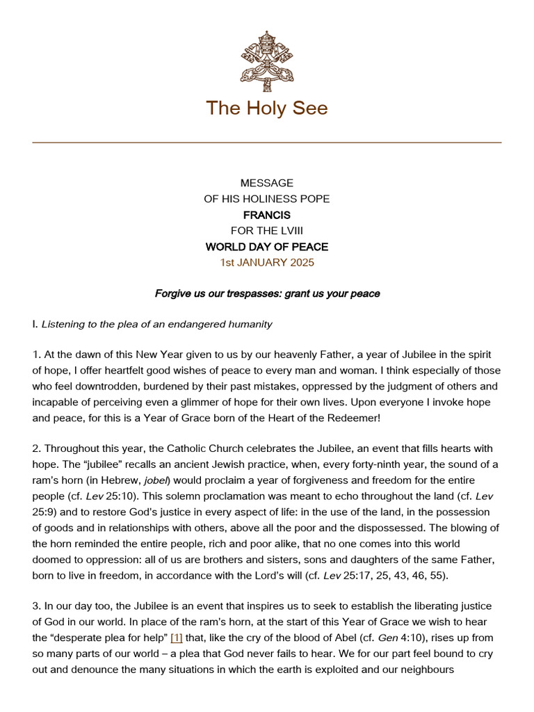 Pope Francis' Peace Message 2025 | PDF | Mercy | Lord's Prayer