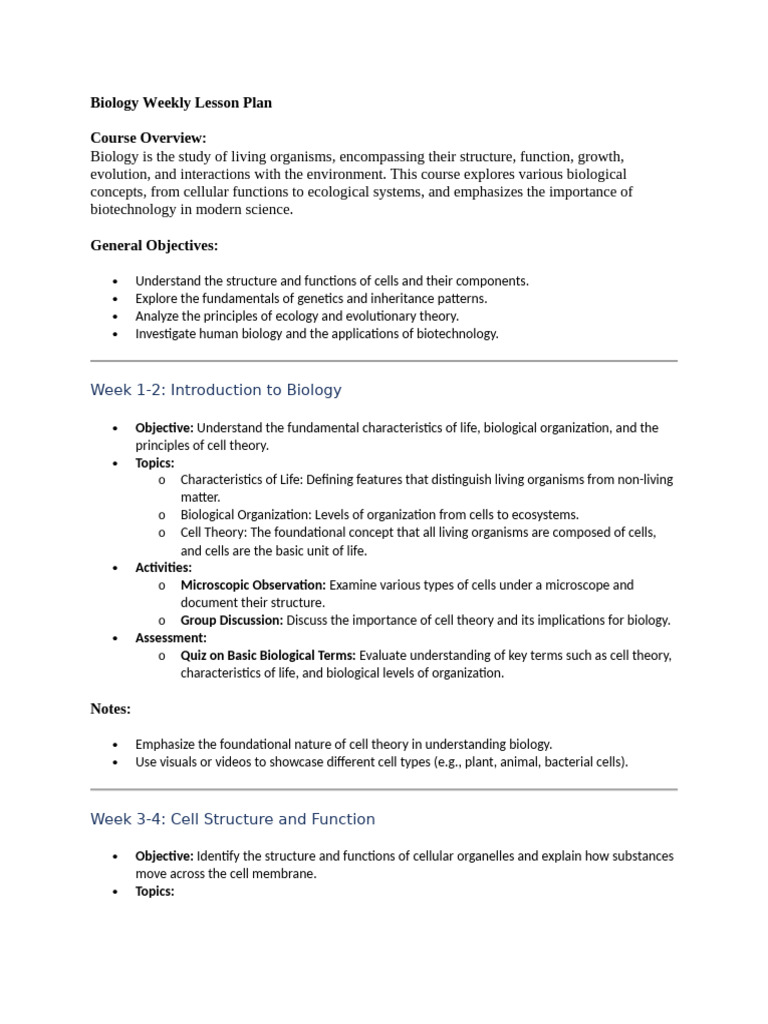 Biology Weekly Lesson Plan | PDF | Cell (Biology) | Genetics Biology Weekly Lesson Plan | PDF | Cell (Biology) | Genetics
