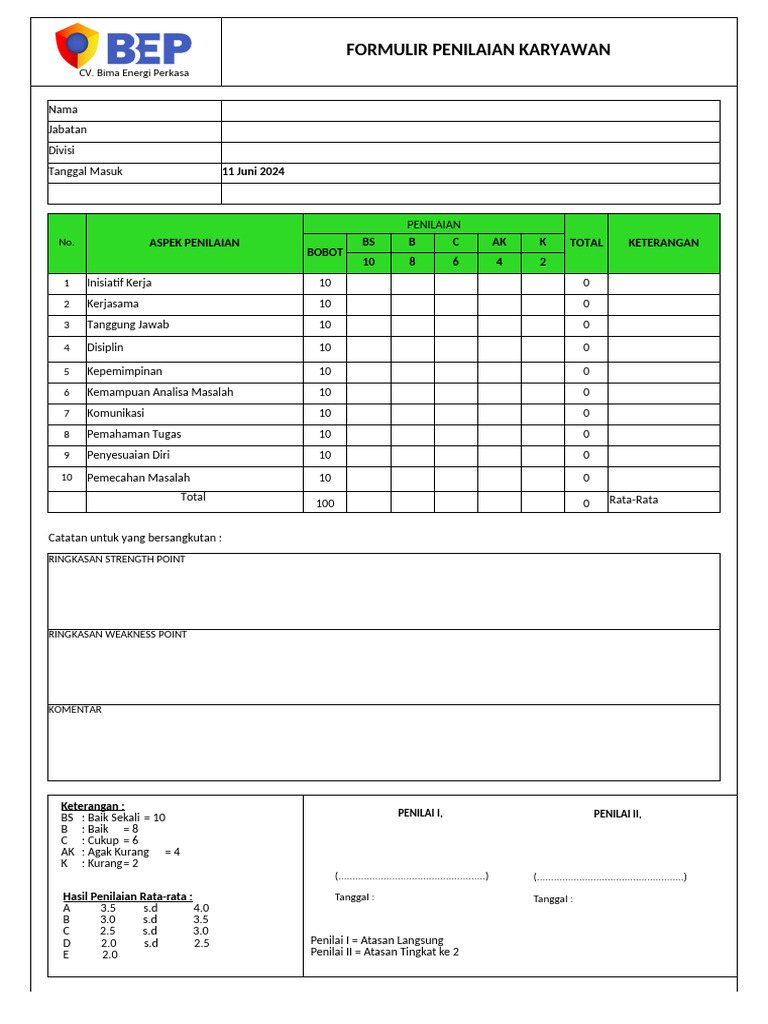 Form Penilaian Karyawan Training | PDF