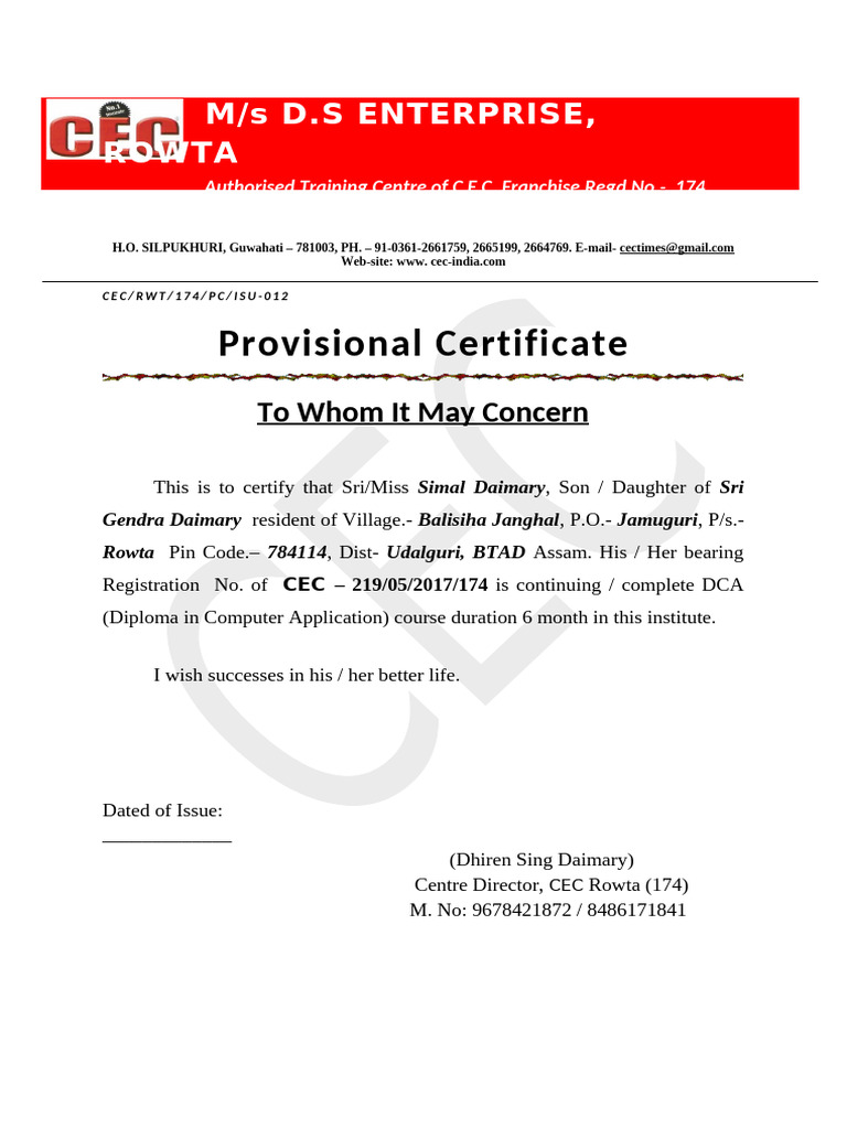 Provinsonal Certificate | PDF | Higher Education | Career And Technical ...