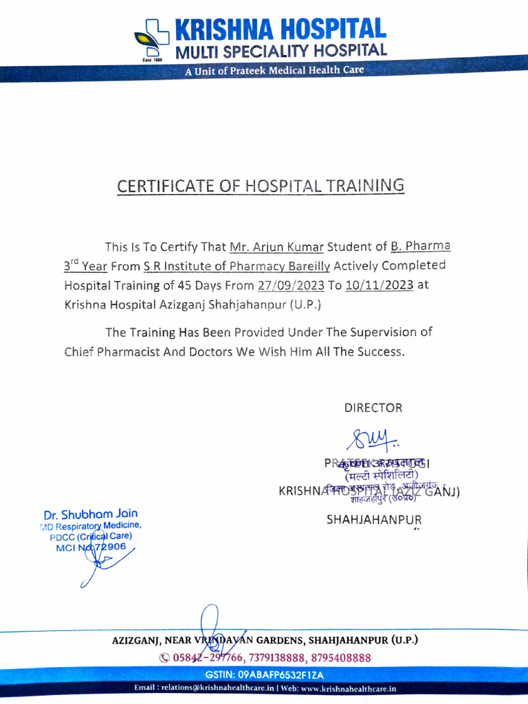 B. Pharma Hospital Training Certificate | PDF