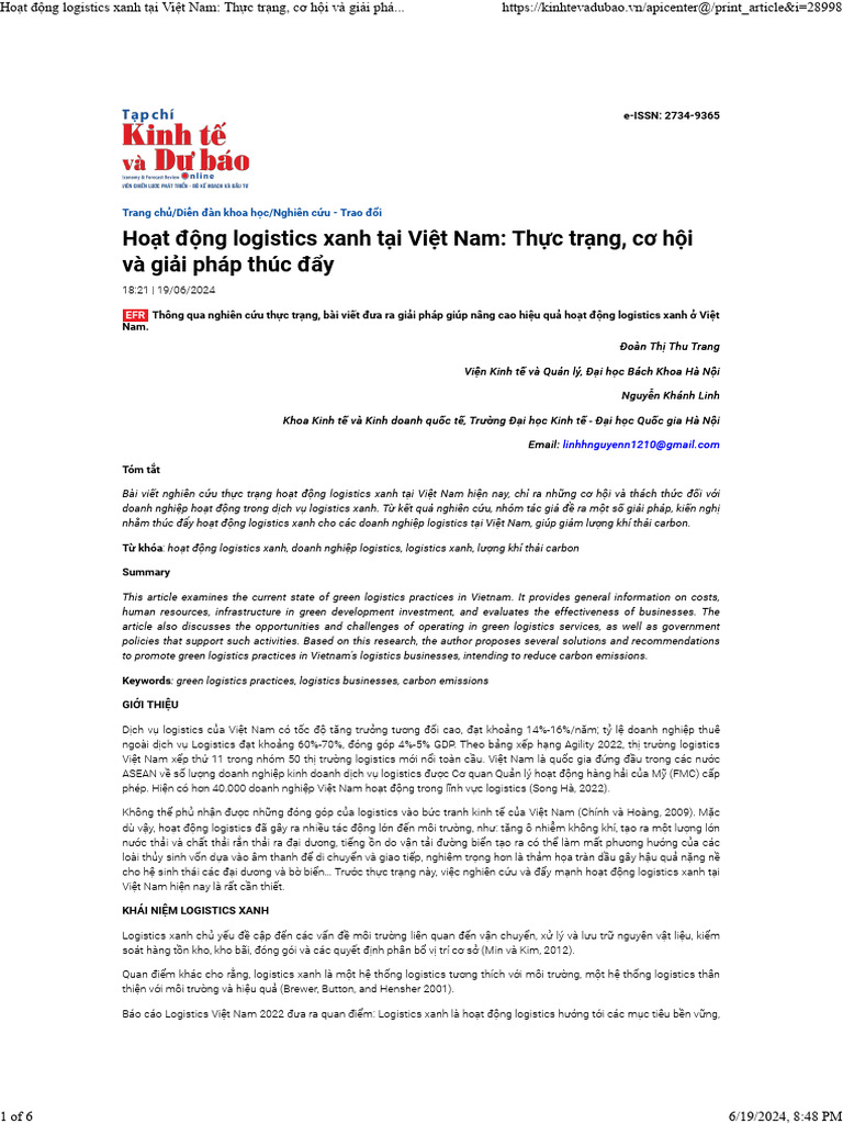 Ho T NG Logistics Xanh T Ivi T Nam: TH CTR NG, C H I Và Gi I Pháp Thúc Y | PDF