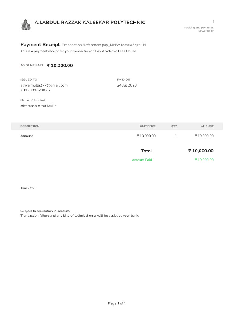 Receipt Pay - Mhw1omex3qzn1h From A.i.abdul Razzak Kalsekar Polytechnic ...