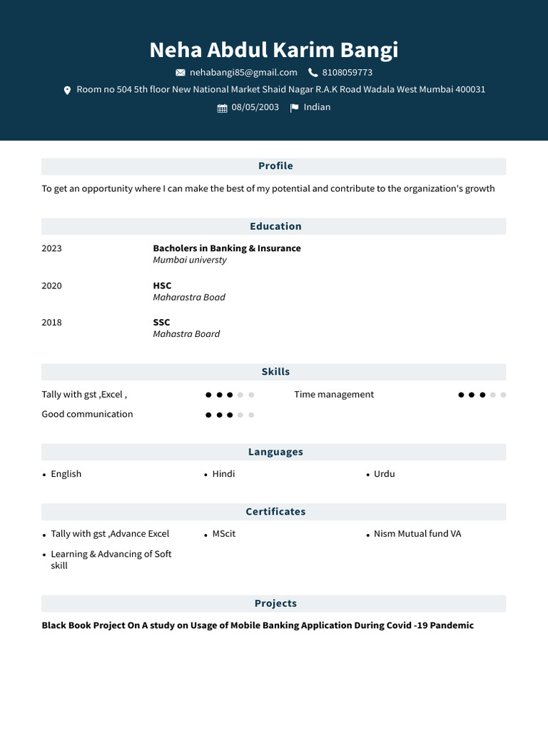 Neha - Abdul Karim Bangi - Resume Right | PDF