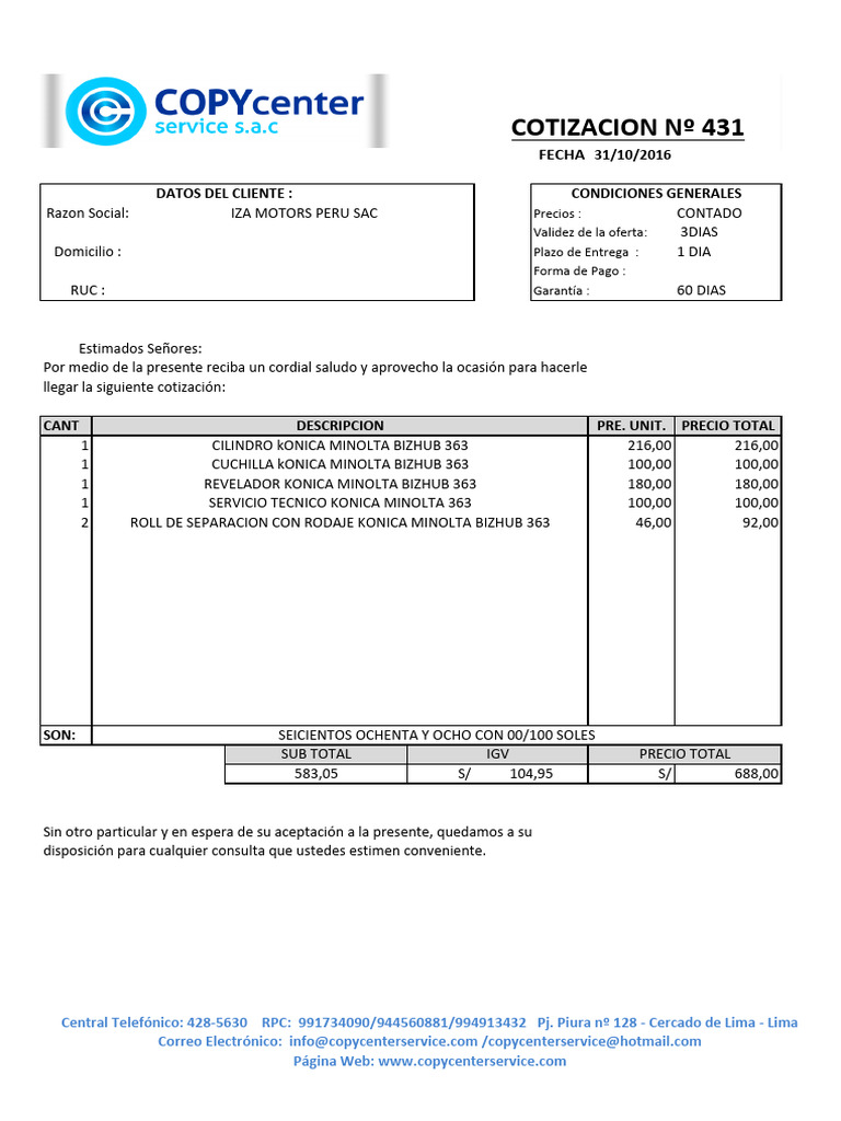 Cotizacion Exel 431 | PDF