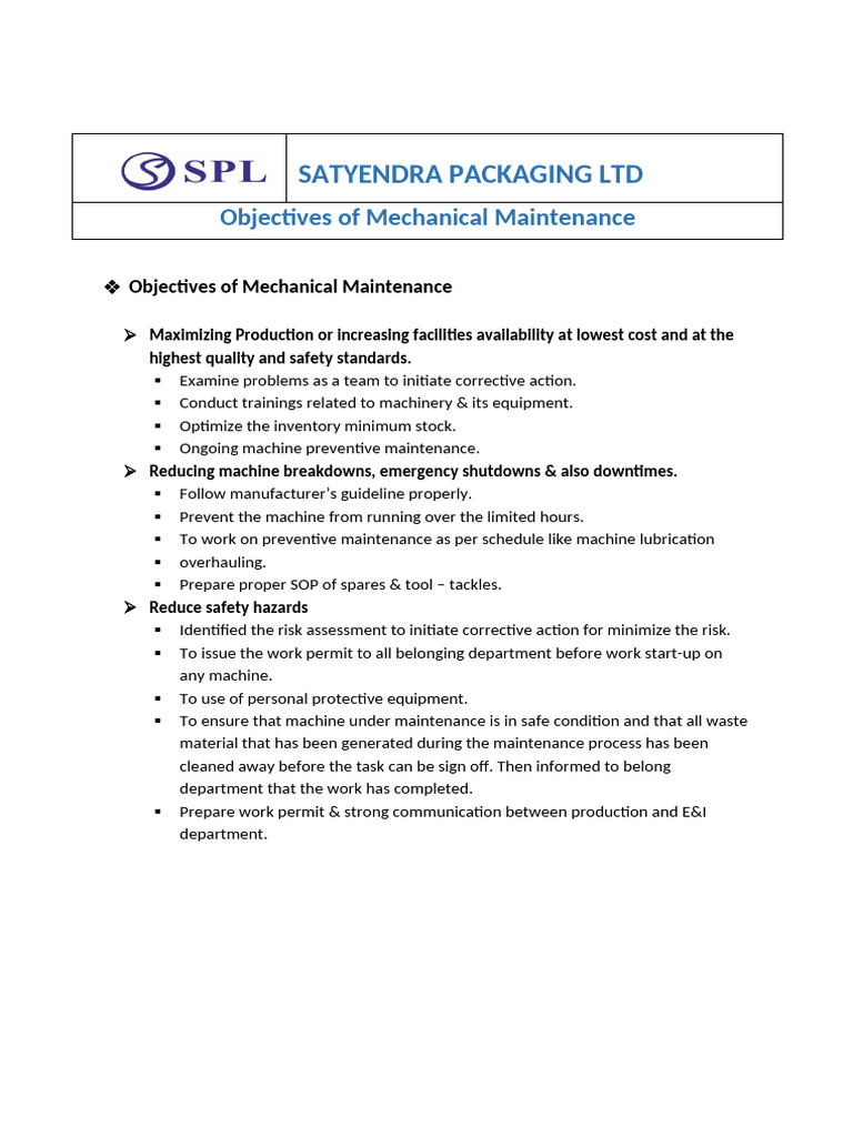 SPL Objectives of Mechanical Maintenance | PDF