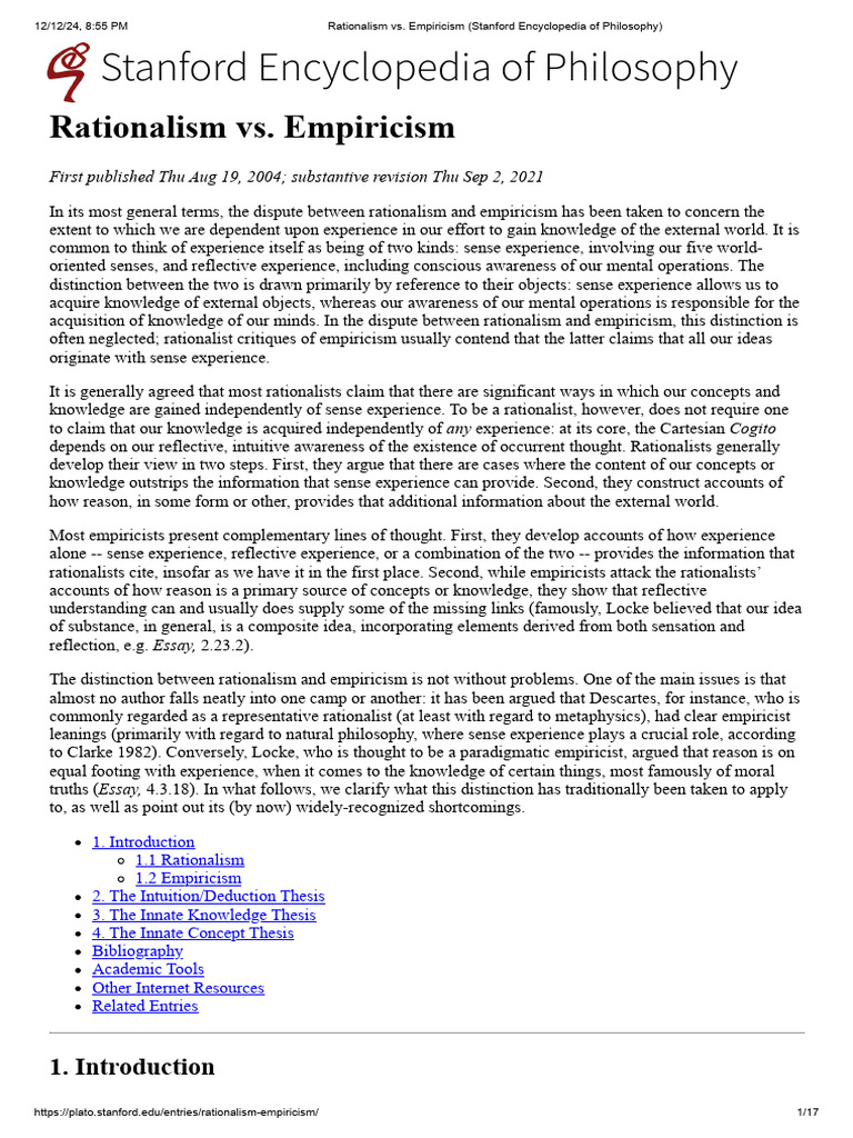 Rationalism Vs Empiricism Stanford Encyclopedia of Philosophy | PDF ...