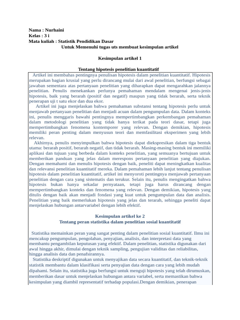 UTS Statistik Pendidikan Dasar (3i Pai) Nurhaini | PDF