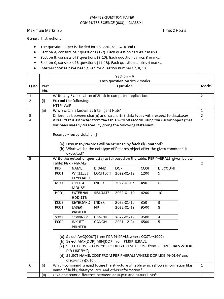 Class XII Computer Science Sample Paper | PDF | Network Topology | Computer Network