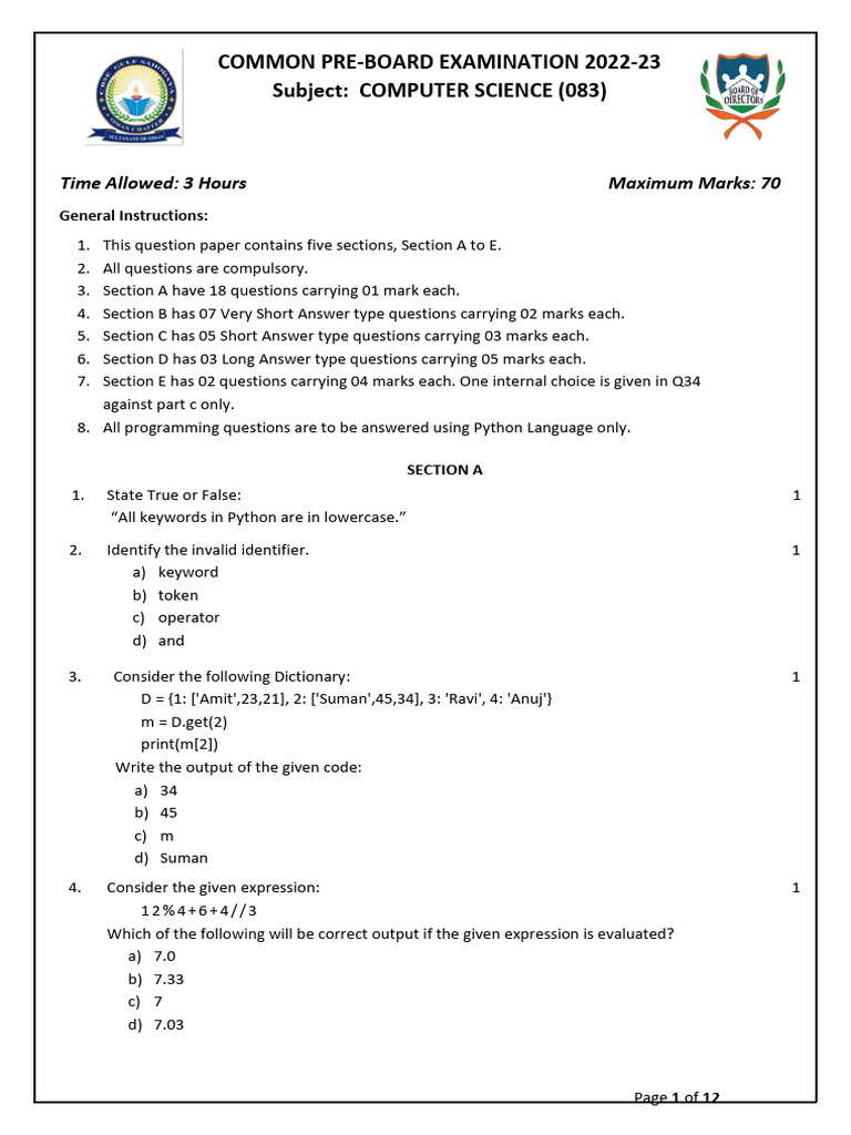 Puterscience Class-XII CPBE-2023 | PDF | Table (Database) | Computer Programming