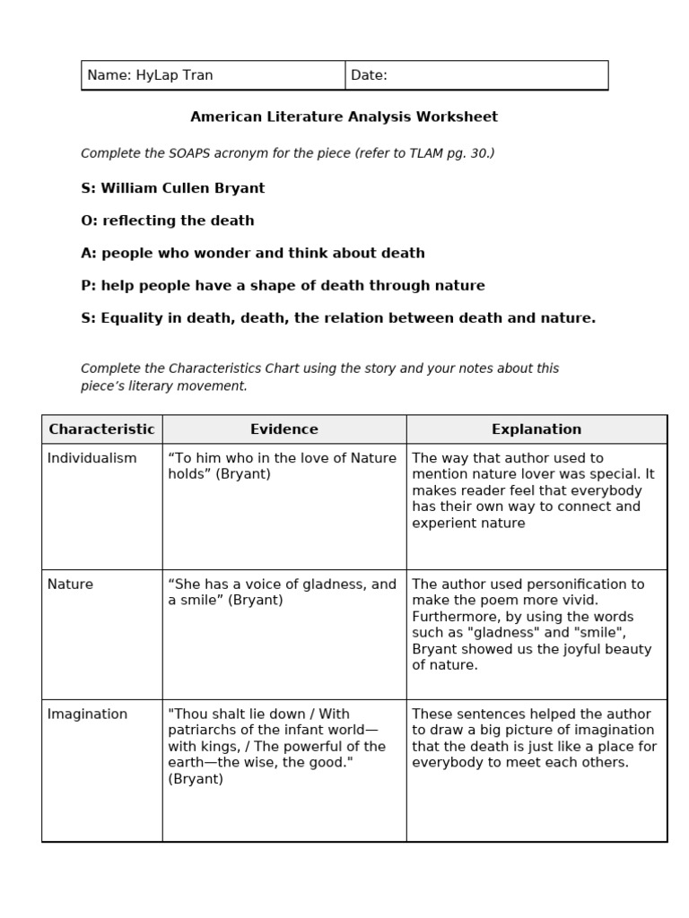 Literature Analysis Worksheet | PDF